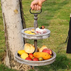 Farmhouse Tiered Tray Decor Stand, 2 Tier Round Wood Serving Tray with Oval Metal Handle, Rustic Wooden Tiered Tray Decor Holder, Wooden Cake Stand for Kitchen Counter or Coffee Table - Grayish White