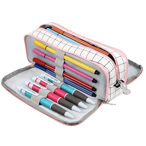 Chelory Big Capacity Pencil Case Large Storage Pencil Bag Pouch Marker 3 Compartment Stationery Pen Cases Holder for Adults Office Organizer Gifts (Plaid White)