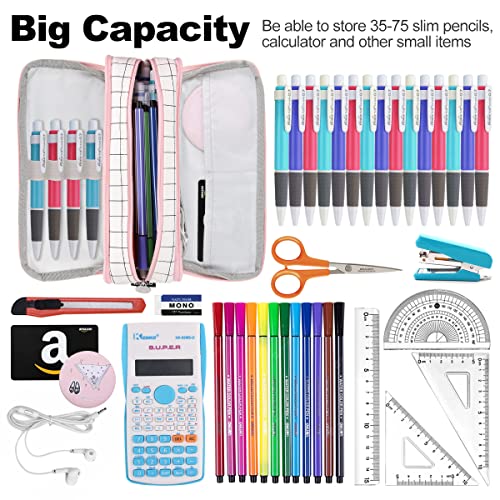 Chelory Big Capacity Pencil Case Large Storage Pencil Bag Pouch Marker 3 Compartment Stationery Pen Cases Holder for Adults Office Organizer Gifts (Plaid White)