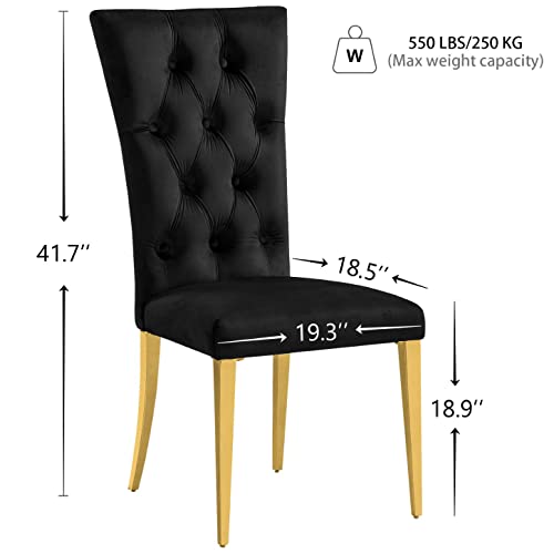 AZhome Dining Chairs, Black Velvet Upholstered Dining Room Chairs in Tufted Design, Modern Glam Gold Stainless Steel Legs, Set of 2