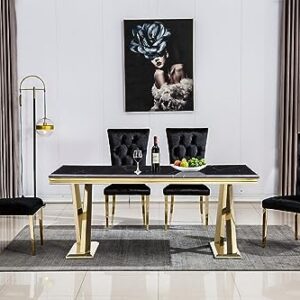 AZhome Dining Chairs, Black Velvet Upholstered Dining Room Chairs in Tufted Design, Modern Glam Gold Stainless Steel Legs, Set of 2