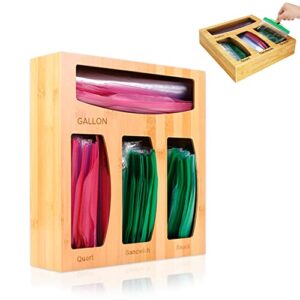 bamboo ziplock bag storage organizer, baggie organizer, ziplock bag container organizer, storage bag organizer kitchen drawer for gallon, quart, sandwich, snack size bags (whole box)