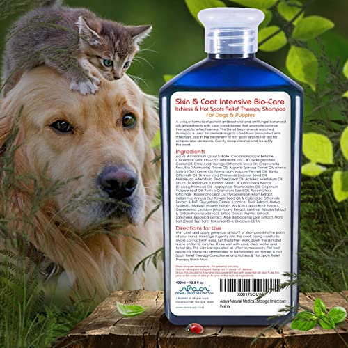 Arava Natural Medicated Dog Shampoo – Anti Yeast Anti Itch Dog Shampoo - Healthy Skin & Coat - First Aid in Hot Spots Ringworm Scrapes Abrasions & Dermatologic Infections - 400ml / 13.5 fl oz