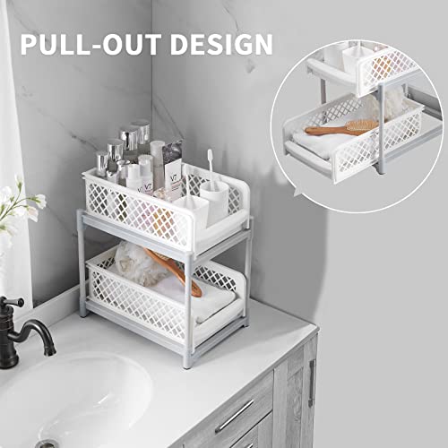 KUSARKO Under Sink Organizers and Storage for Kitchen Bathroom, Medicine Cabinet Organizer, 2 Tier Shelf Organizer with Sliding Storage Drawer, Plastic Pull Out Pantry Organization and Storage