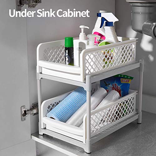 KUSARKO Under Sink Organizers and Storage for Kitchen Bathroom, Medicine Cabinet Organizer, 2 Tier Shelf Organizer with Sliding Storage Drawer, Plastic Pull Out Pantry Organization and Storage