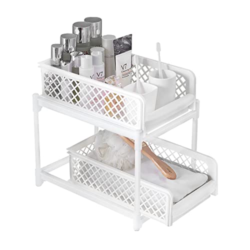 KUSARKO Under Sink Organizers and Storage for Kitchen Bathroom, Medicine Cabinet Organizer, 2 Tier Shelf Organizer with Sliding Storage Drawer, Plastic Pull Out Pantry Organization and Storage