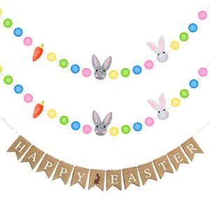 hooshing 3pcs easter felt garland set bunny carrot pom pom banner garland rustic handmade ball garland decorations for home birthday easter party celebration decor