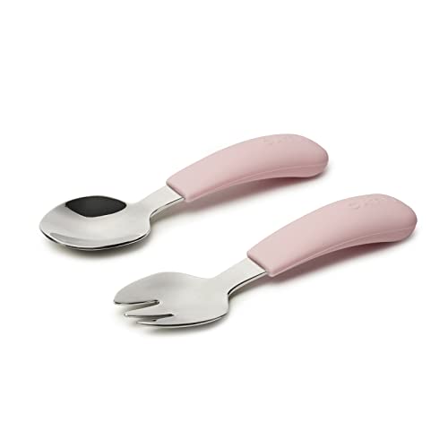 Toddler Utensils Set Spoon and Fork, Stainless Steel Baby Fork and Spoon Set with Silicone Handles,for Toddlers 18 Months+, Children's Flatware Set, BPA Free (Pink)