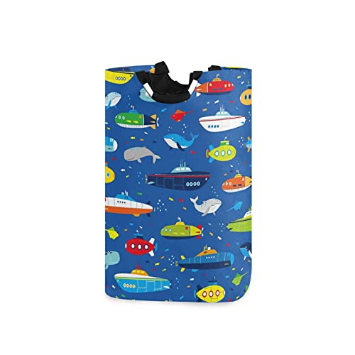 senya Submarines and Whales Large Laundry Basket Shopping Tote Bag, Collapsible Fabric Laundry Hamper, Foldable Clothes Bag, Folding Washing Bin(227na7b)