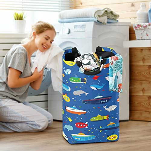 senya Submarines and Whales Large Laundry Basket Shopping Tote Bag, Collapsible Fabric Laundry Hamper, Foldable Clothes Bag, Folding Washing Bin(227na7b)