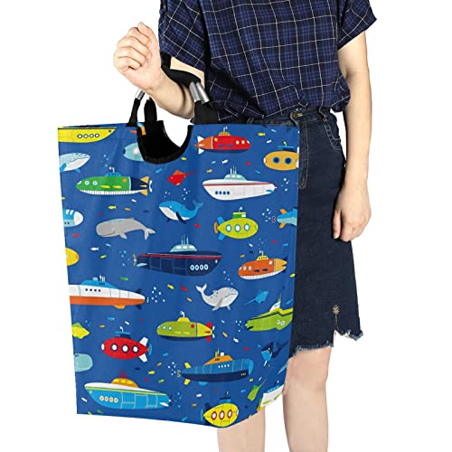 senya Submarines and Whales Large Laundry Basket Shopping Tote Bag, Collapsible Fabric Laundry Hamper, Foldable Clothes Bag, Folding Washing Bin(227na7b)