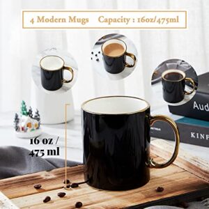 DUJUST Black Coffee Mug Set of 4(16oz), Modern & Stylish Design with Handcrafted Golden Trims, Black and Gold Cup Set for Coffee, Tea & Milk, Beautiful & Graceful Top Fine Porcelain Cups