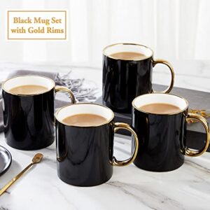 DUJUST Black Coffee Mug Set of 4(16oz), Modern & Stylish Design with Handcrafted Golden Trims, Black and Gold Cup Set for Coffee, Tea & Milk, Beautiful & Graceful Top Fine Porcelain Cups