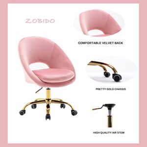 ZOBIDO Comfy Home Office Task Chair with Wheels, Cute Modern Upholstered Velvet Seashell Back Adjustable Swivel Vanity Desk Chair, for Women, for Kids, for Girls, Living Room, Bedroom (Peach Pink)