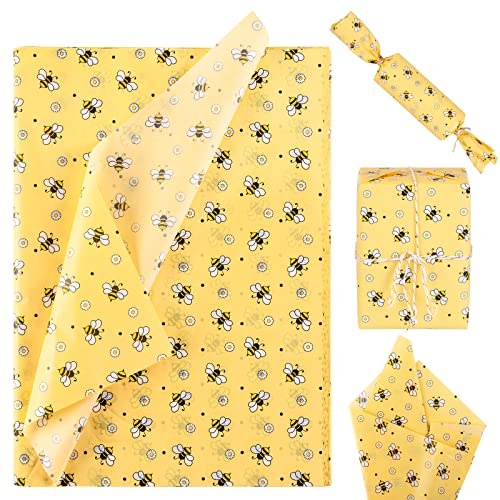 Whaline 100 Sheet Bee Tissue Paper Honeybee Summer Daisy Flower Pattern Gift Wrapping Tissue 13.8 x 19.7 Inch Summertime Light Yellow Tissue Paper for Birthday Baby Shower Party Craft Gift Packing