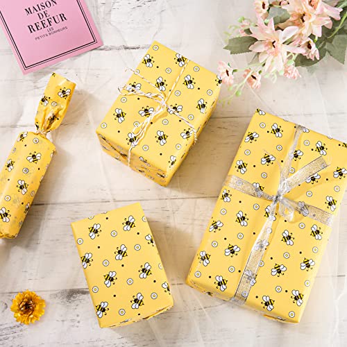 Whaline 100 Sheet Bee Tissue Paper Honeybee Summer Daisy Flower Pattern Gift Wrapping Tissue 13.8 x 19.7 Inch Summertime Light Yellow Tissue Paper for Birthday Baby Shower Party Craft Gift Packing