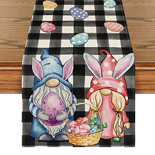 Artoid Mode Buffalo Plaid Bunny Gnomes Eggs Easter Table Runner, Spring Summer Seasonal Holiday Kitchen Dining Table Decor for Indoor Outdoor Home Party Decoration 13 x 72 Inch