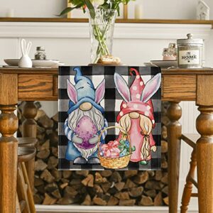 Artoid Mode Buffalo Plaid Bunny Gnomes Eggs Easter Table Runner, Spring Summer Seasonal Holiday Kitchen Dining Table Decor for Indoor Outdoor Home Party Decoration 13 x 72 Inch