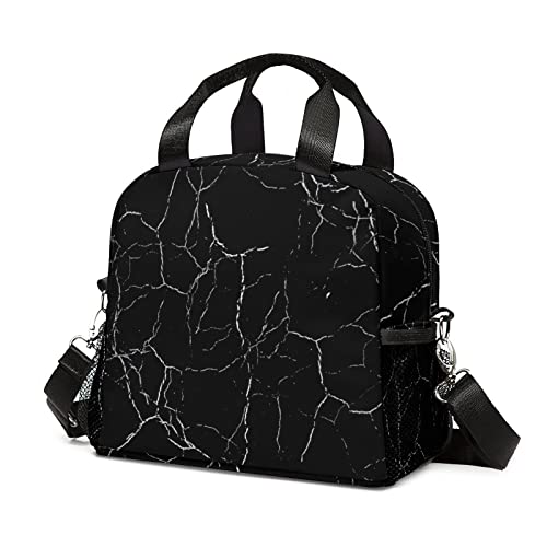 Hozojuw Marble Lunch Bag Black Marble Insulated Lunch Box Waterproof Lunch Tote with Shoulder Strap for Boy Girl Men Women (Black Marble)