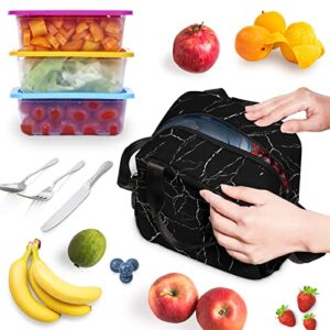 Hozojuw Marble Lunch Bag Black Marble Insulated Lunch Box Waterproof Lunch Tote with Shoulder Strap for Boy Girl Men Women (Black Marble)