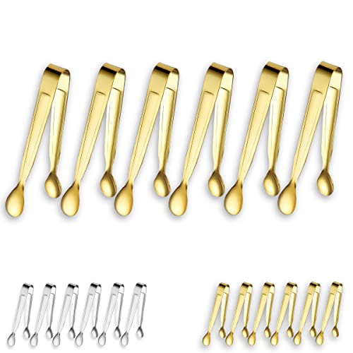 Gold 6 Pieces Sugar Tongs, Kyraton Stainless Steel Titanium Plating Gold Ice Tongs Mini Serving Tongs Appetizers Tongs Small Kitchen Tongs for Coffee Tea Sugar Candy Ice Cube Party Bar Kitchen