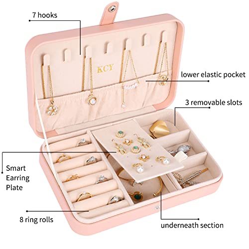 KCY Jewelry Box for Women Girls,Small Travel Jewelry Organizer Case,PU Leather Portable Jewellery Storage Boxes Display Holder for Ring Earrings Necklace Bracelet Bangle, Men Teen Kids Gift, Pink