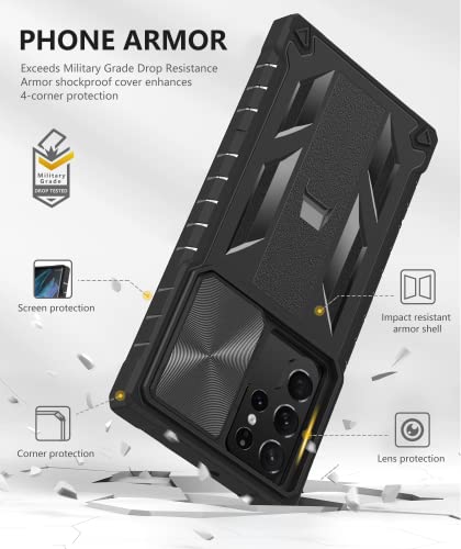 Case for Samsung Galaxy S22 Ultra 5G: Military Grade Drop Proof Rugged Protective Phone Cover with Built-in Kickstand & Slide |Shockproof Bumper Protection Textured Matte 6.8 Inch-Black