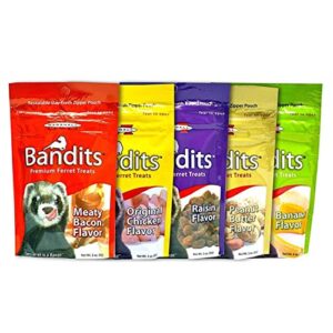 petlewa marshalbandits premium ferret treats variety pack - 5 flavors chicken, raisin, peanut butter, banana, and meaty bacon - 3 ounces each 5 total pouches