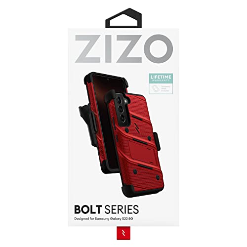 ZIZO Bolt Bundle for Galaxy S22 Case with Screen Protector Kickstand Holster Lanyard - Red