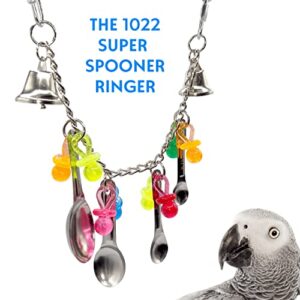 Mandarin Bird Toys 1022 Super Spooner Ringer by M&M Handmade Stainless Steel Noisy Versatile Aviary Toy, Shiny Spoons, Acrylic Pacifiers, Metal Bells, Great for Medium Pets African Grey Conure Quaker