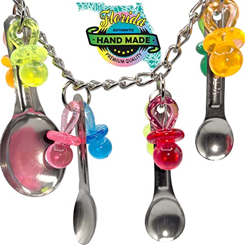 Mandarin Bird Toys 1022 Super Spooner Ringer by M&M Handmade Stainless Steel Noisy Versatile Aviary Toy, Shiny Spoons, Acrylic Pacifiers, Metal Bells, Great for Medium Pets African Grey Conure Quaker