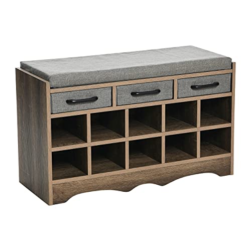 Household Essentials Shoe 10 Cubbies, Cushioned Seat and Storage Drawers, Ashwood Finish Entryway Bench, 19.75x32x12.75 Inches