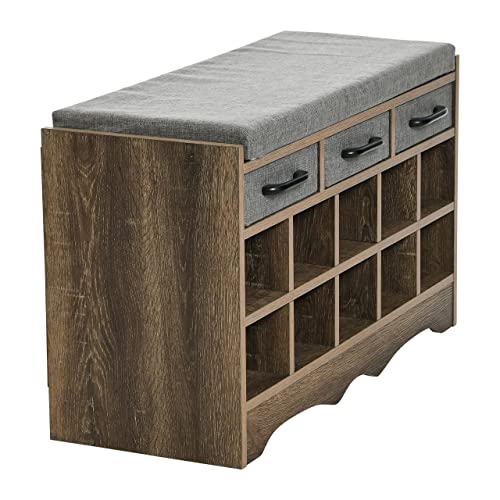 Household Essentials Shoe 10 Cubbies, Cushioned Seat and Storage Drawers, Ashwood Finish Entryway Bench, 19.75x32x12.75 Inches