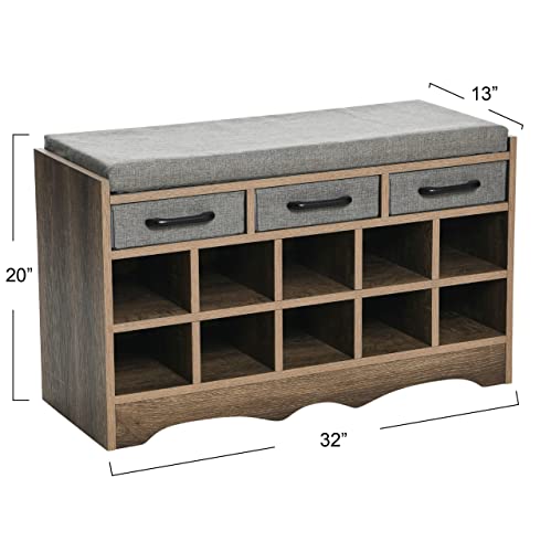 Household Essentials Shoe 10 Cubbies, Cushioned Seat and Storage Drawers, Ashwood Finish Entryway Bench, 19.75x32x12.75 Inches