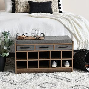 Household Essentials Shoe 10 Cubbies, Cushioned Seat and Storage Drawers, Ashwood Finish Entryway Bench, 19.75x32x12.75 Inches