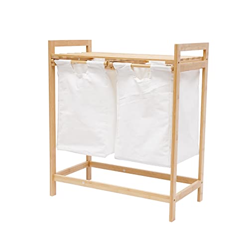 Fetcoi Bamboo Laundry Hamper Basket, 2 Sections Laundry Clothes Hamper Sorter with Removable Sliding Bag Shelf, Laundry Organizer and Storage Cabinet for Bathroom, 25.2 x12.99 x28.74in