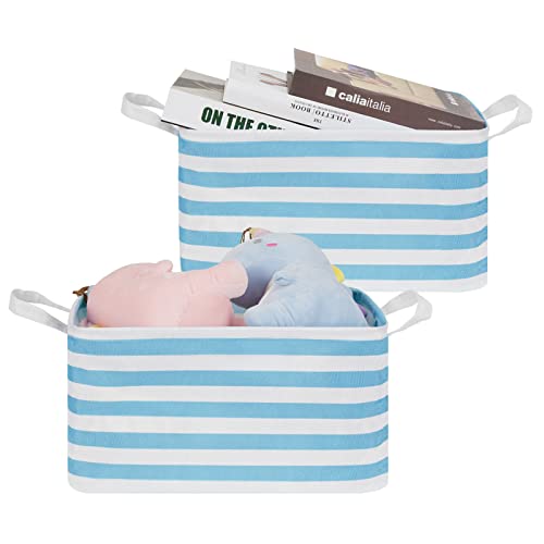 WLFRHD Collapsible Storage Basket 16.5x12x10.5 inches Rectangular Fabric Storage Bin for Shelves Toy Waterproof Canvas Cute Storage Bins Playroom Gift 2-Pack (Blue and White Stripes,Extra Large )