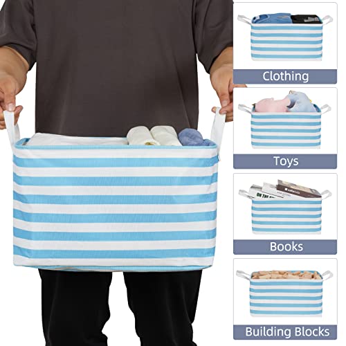 WLFRHD Collapsible Storage Basket 16.5x12x10.5 inches Rectangular Fabric Storage Bin for Shelves Toy Waterproof Canvas Cute Storage Bins Playroom Gift 2-Pack (Blue and White Stripes,Extra Large )