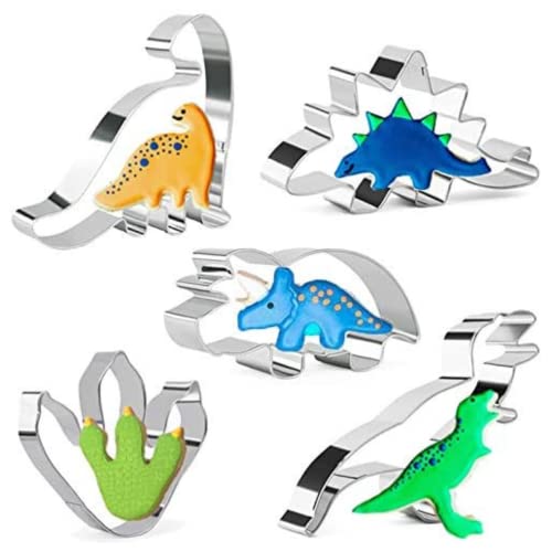 Crethinkaty Dinosaur Cookie Cutters Set for Baking 5 Pieces Biscuit Cutters Stainless Steel