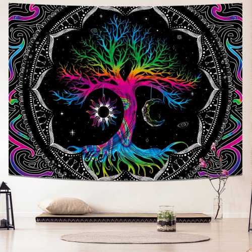 DIGHEIGG Trippy Tapestry Room Decor, Tree of Life Tapestry for Bedroom Aesthetic Moon and Sun Bohemian Boho Tapestries Wall Hanging for Room (51.2 x 59.1 inches)