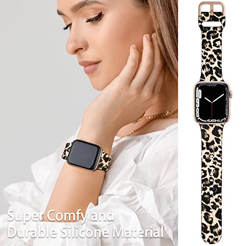 ACESTAR Double Sided Band Compatible with Apple Watch Band 38mm 40mm 41mm, Cute Floral Cheetah Soft Silicone Replacement with Classic Rose Golden Clasp for iWatch Series 8 7 6 5 4 3 2 1 SE, Leopard