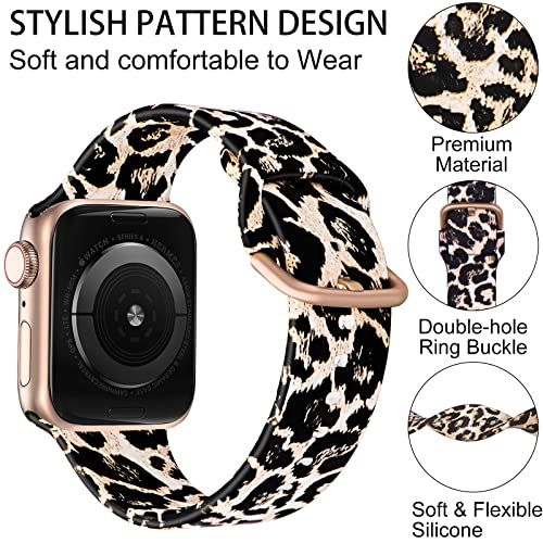 ACESTAR Double Sided Band Compatible with Apple Watch Band 38mm 40mm 41mm, Cute Floral Cheetah Soft Silicone Replacement with Classic Rose Golden Clasp for iWatch Series 8 7 6 5 4 3 2 1 SE, Leopard