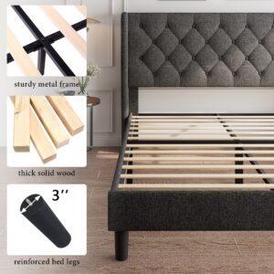 iPormis Queen Bed Frame Upholstered Wingback Platform Bed Frame with Diamond Button Tufted Headboard, 8" Under-Bed Space, Sturdy Wooden Slats, Noise-Free, No Box Spring Needed, Dark Gray