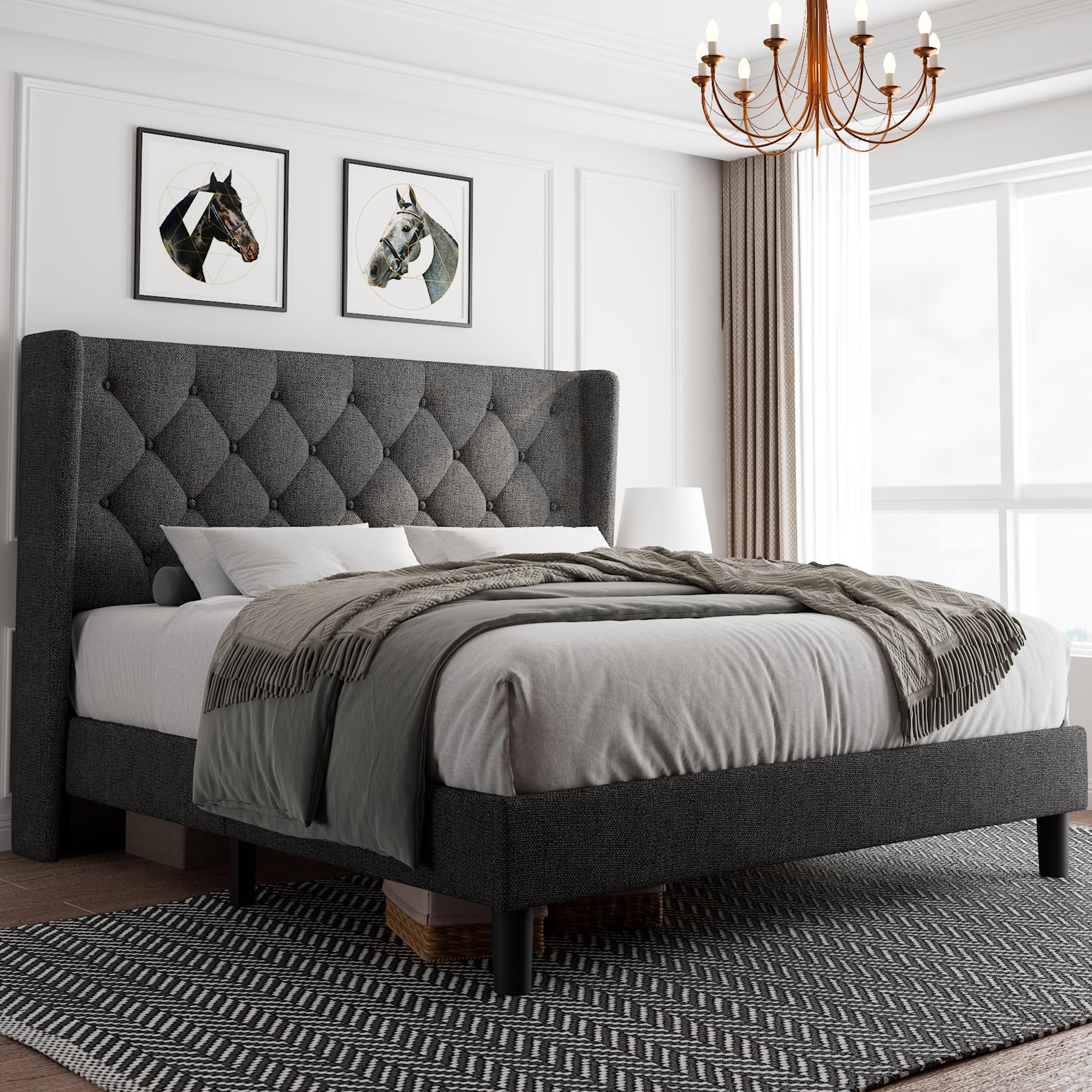 iPormis Queen Bed Frame Upholstered Wingback Platform Bed Frame with Diamond Button Tufted Headboard, 8" Under-Bed Space, Sturdy Wooden Slats, Noise-Free, No Box Spring Needed, Dark Gray