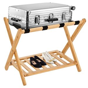 smart fendee 26.77" fully assembled natural luggage rack for guest room, bamboo wide suitcase stand with storage shelf, folding luggage holder for bedroom, hotel