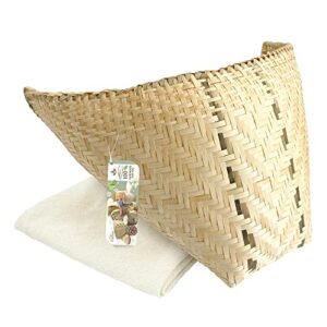 panwa satin weave sticky rice cooking basket - “natural scented” - handcrafted thai bamboo wing design, large size with 24x24 inch cheesecloth wrap included