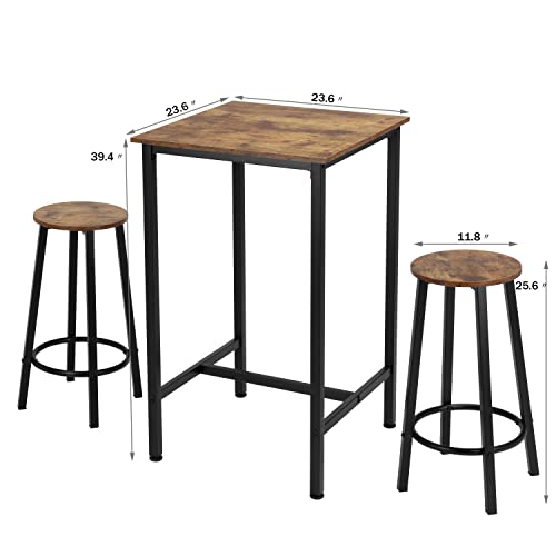 Finnhomy Bar Table Set, 23.6" Pub Table High Top Table, Square Bar Height Table, Bar Table with Stools, Kitchen Table Set for 2, Dining Table Set, Breakfast for Kitchen, Living Room, Rustic Brown