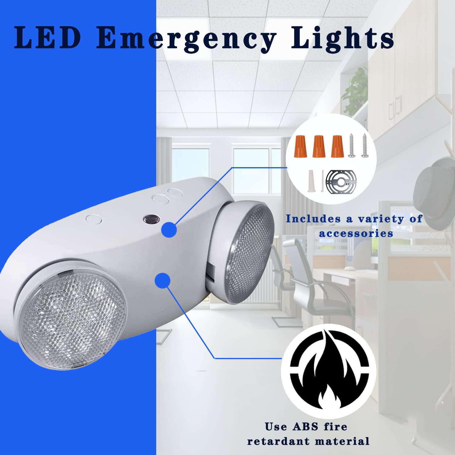 LED Emergency Light with Battery Backup, Two Adjustable Heads Commercial Emergency Light, US Standard 120-277V (UL 94V-0), Domestic Power Outage Emergency Light, Rechargeable Bulb (1-Pack)