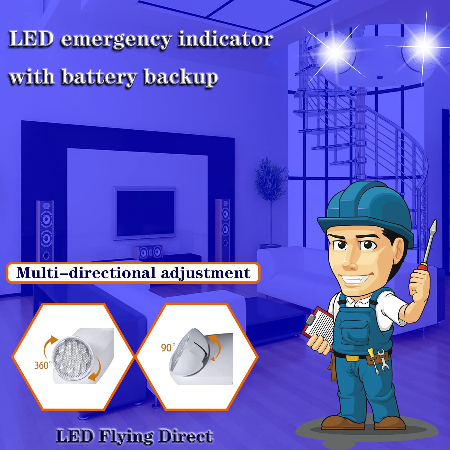 LED Emergency Light with Battery Backup, Two Adjustable Heads Commercial Emergency Light, US Standard 120-277V (UL 94V-0), Domestic Power Outage Emergency Light, Rechargeable Bulb (1-Pack)