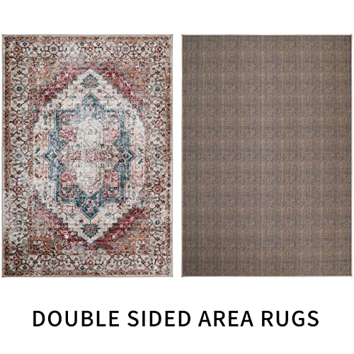 Area Rug Living Room Rugs: 8x10 feet Large Soft Bedroom Carpet Non Shedding Washable Farmhouse Boho Moroccan Throw Accent Rug for Kitchen Dining Room Home Office Under Table Floor - Red/Brown